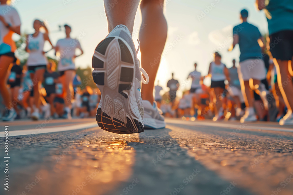 Runner's feet pounding the pavement during a marathon race, sneakers ...