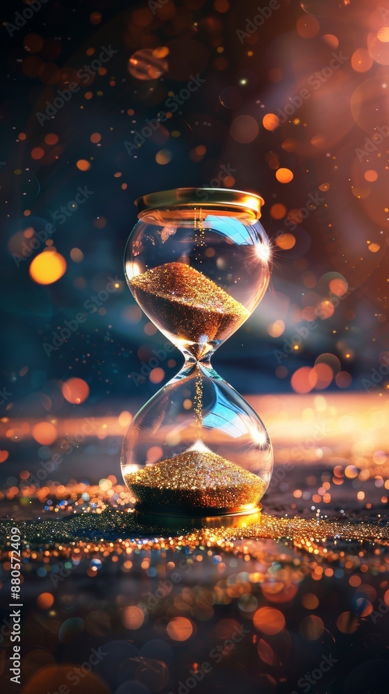 Hourglass measures time with golden sand flowing gracefully, reminding ...