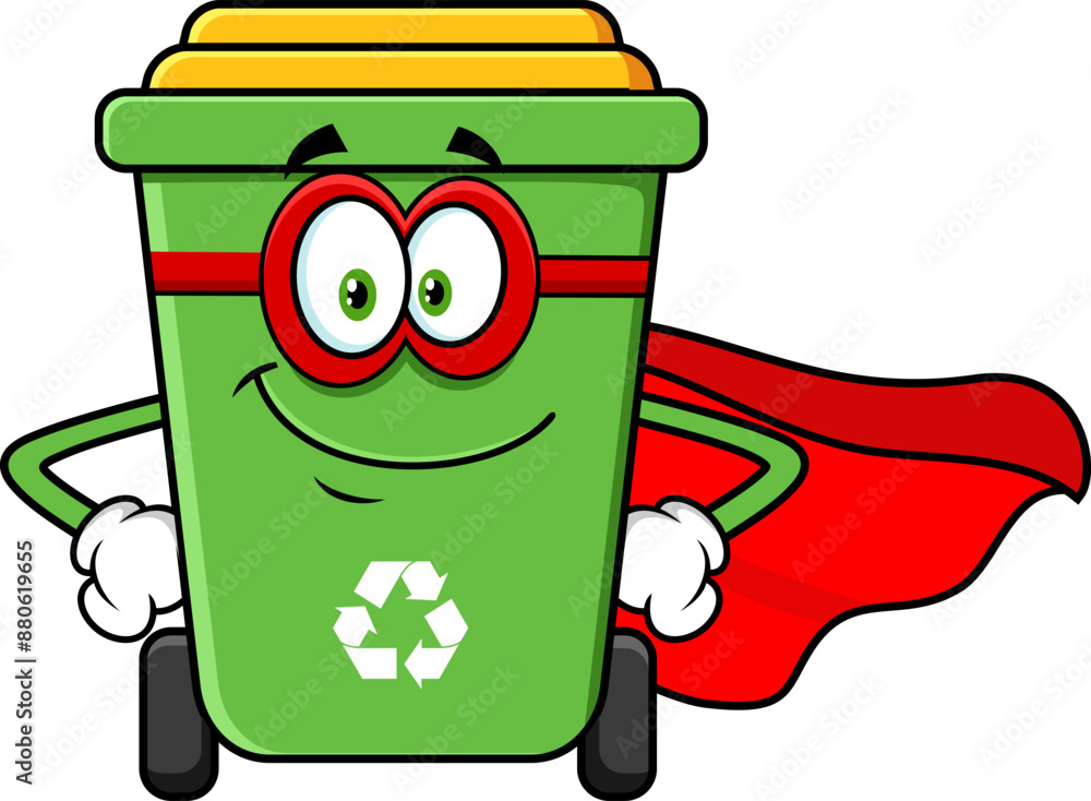 Green Recycle Trash Bin Cartoon Character SuperHero. Vector Hand Drawn ...