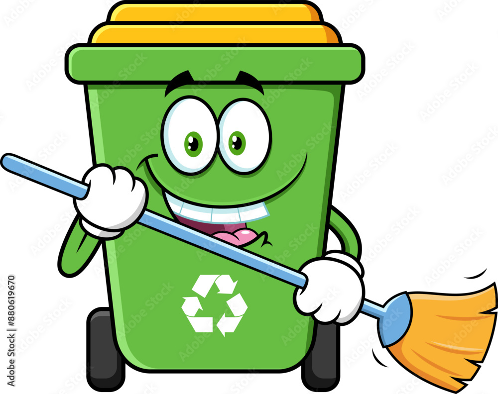 Green Recycle Trash Bin Cartoon Character Cleaning With Broom. Vector ...