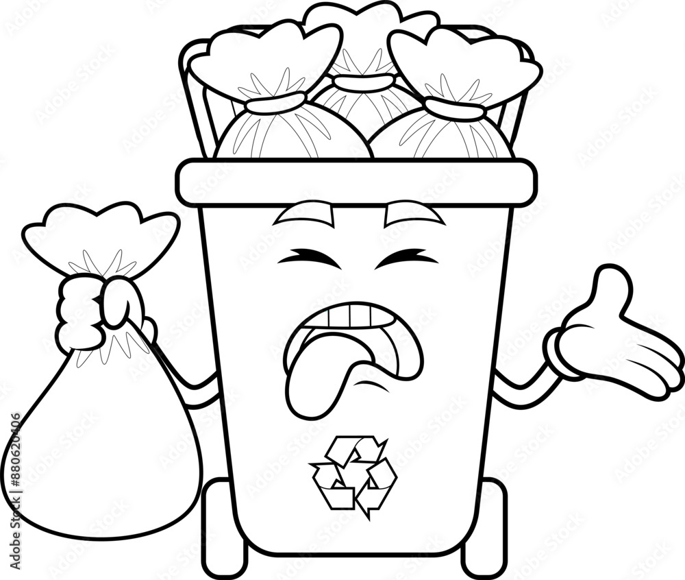 Outlined Recycle Trash Bin Cartoon Character Full With Garbage. Vector ...