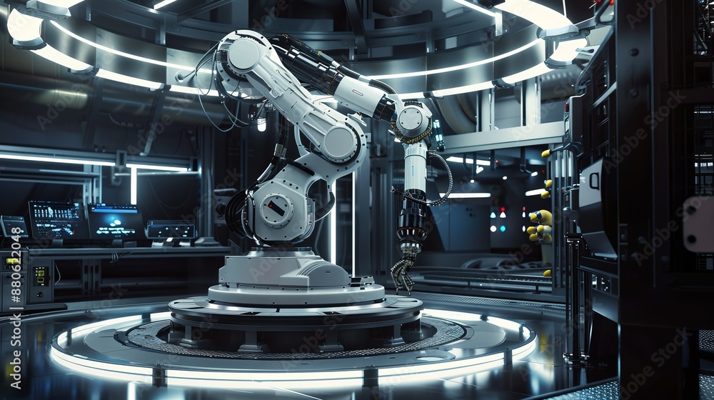 Modern robotic arm in industrial technology setting. Automated ...