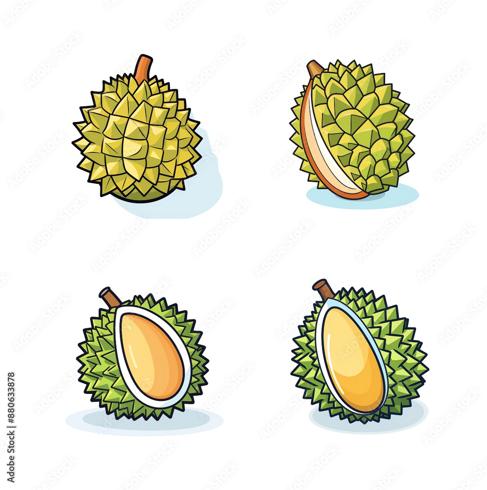 Durian cartoon vector image set. Calories, Fat, Fiber, Vitamin, fruit ...