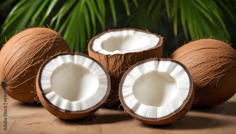 Coconut backdrop, juicy coconuts on a simple background with copy space ...