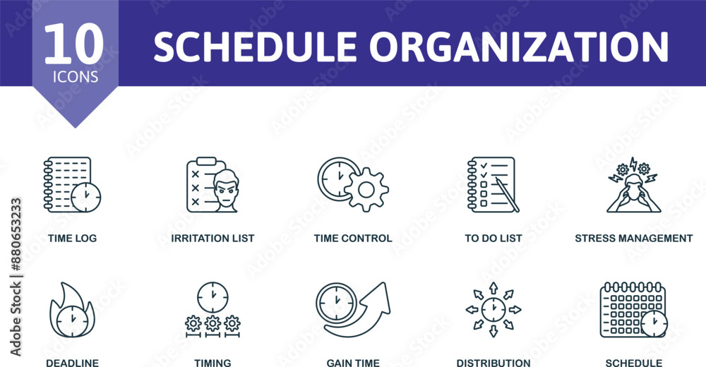 Schedule Organization thin line icon set. Time Log, Irritation List ...