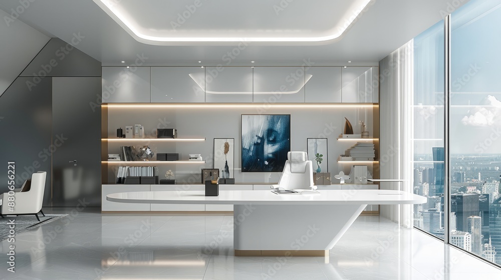 White modern minimalist executive desk with bookcase, L shaped office ...