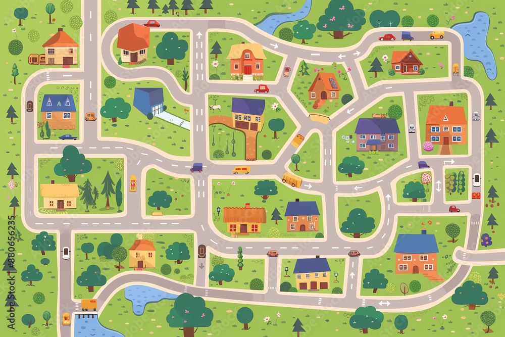 Simple just streets map, minimalist kids style, 2D style. Generative AI ...