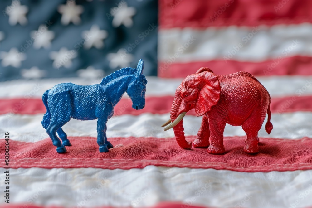 A blue donkey and a red elephant figurine face each other on an ...