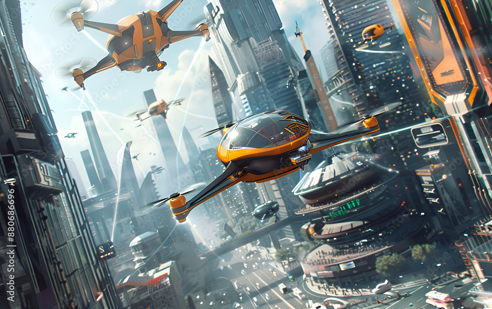 Futuristic future city with flying passenger drone, aerial view of ...