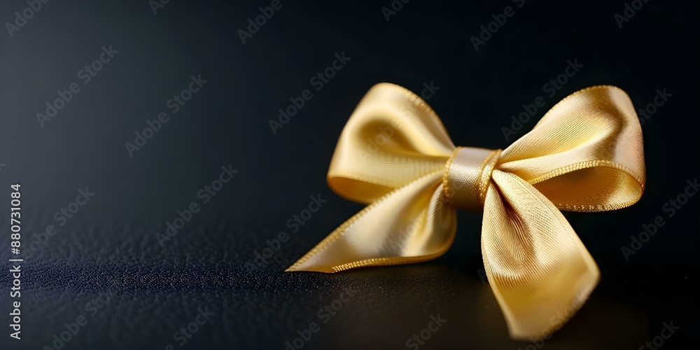 Shiny gold bow on black background with light reflection at the bottom ...
