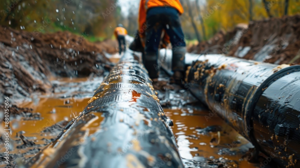 Restoration of damaged water pipeline by workers water supply repair ...