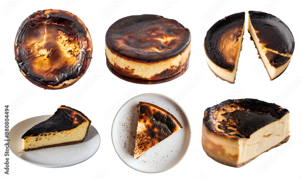 Set of burnt crustless Basque cheesecake cake pastry dessert, on ...