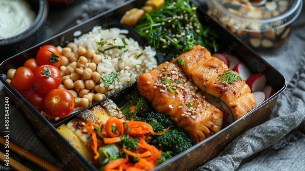 Healthy bento box with grilled salmon, vegetables, rice, and chickpeas ...