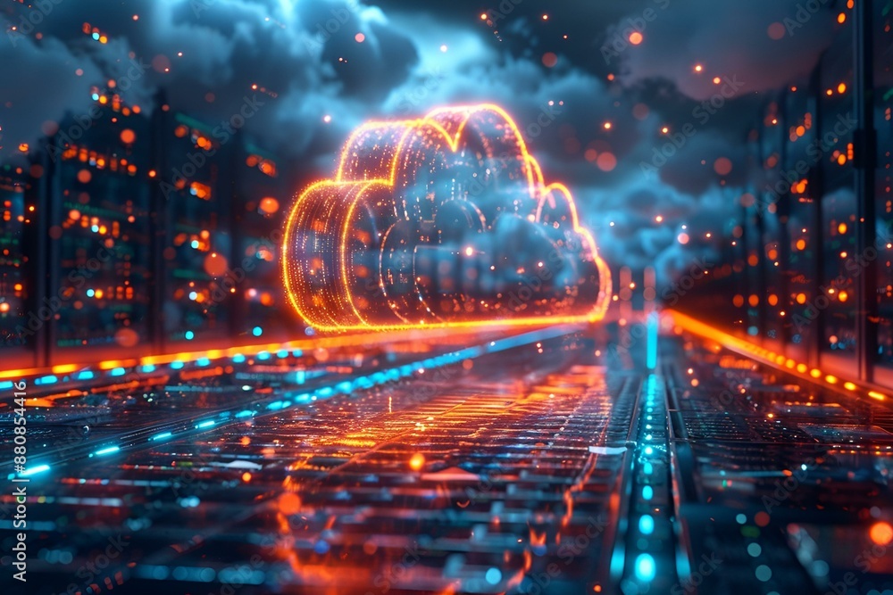 Cloud computing servers in a data center, showing rows of powerful ...