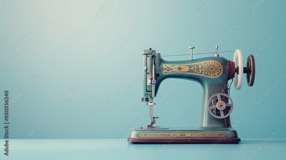 Vintage sewing machine on blue background with copy space front view ...
