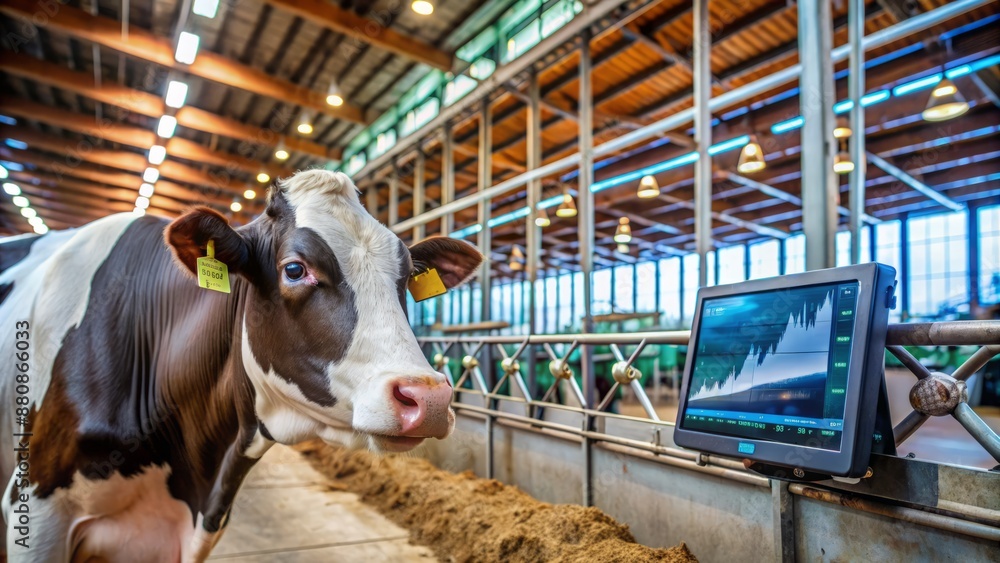 Cow in a high-tech barn with sensors, automated feeders, and a large ...