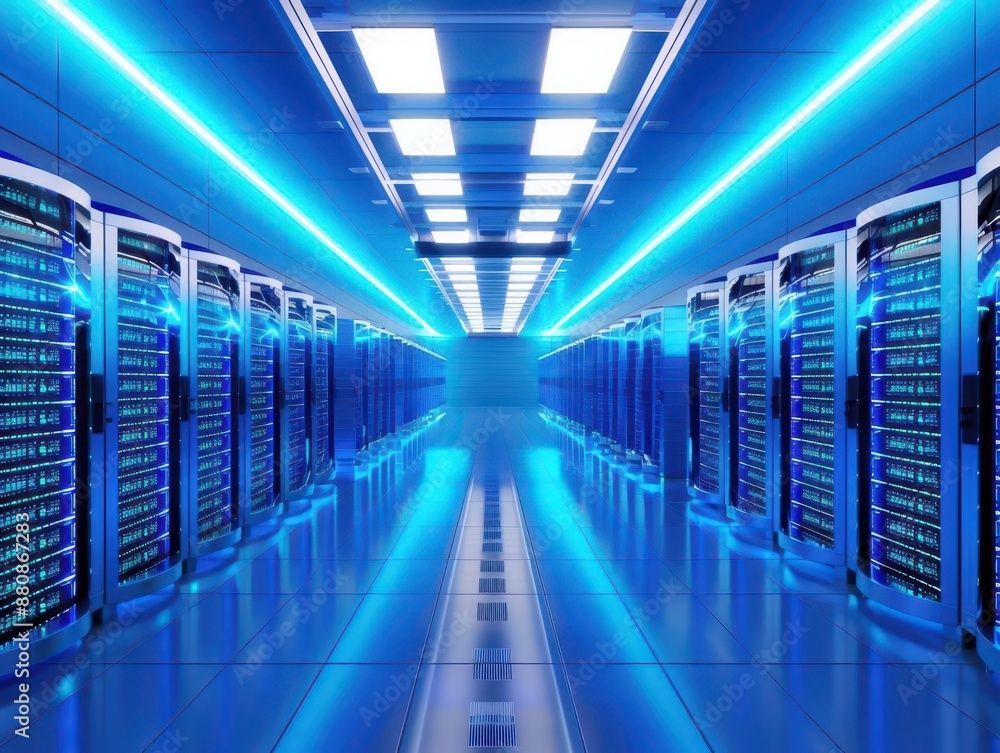vast data center interior endless rows of servers cool blue lighting futuristic technology hub ...