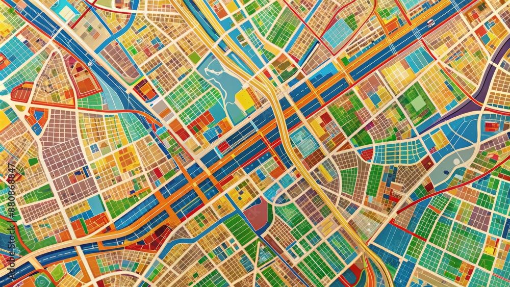 Vibrant urban map shows intricate street networks, highways, landmarks ...