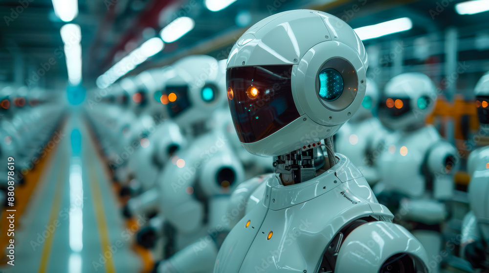 Robots in a factory sorting boxes, high-tech production, automation ...