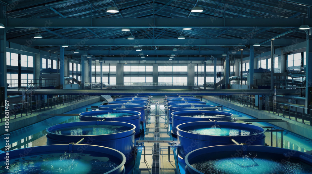 An expansive indoor fish farming facility with neatly aligned blue ...