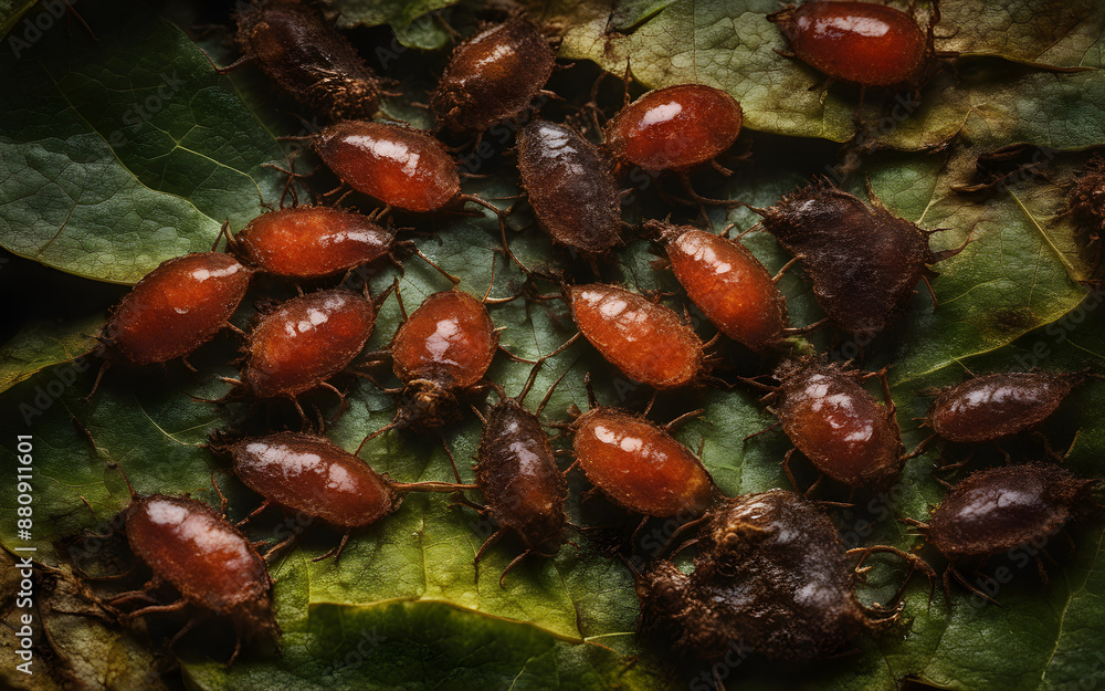 Clusters of acarus mites infesting a decomposing leaf, a microcosm of ...