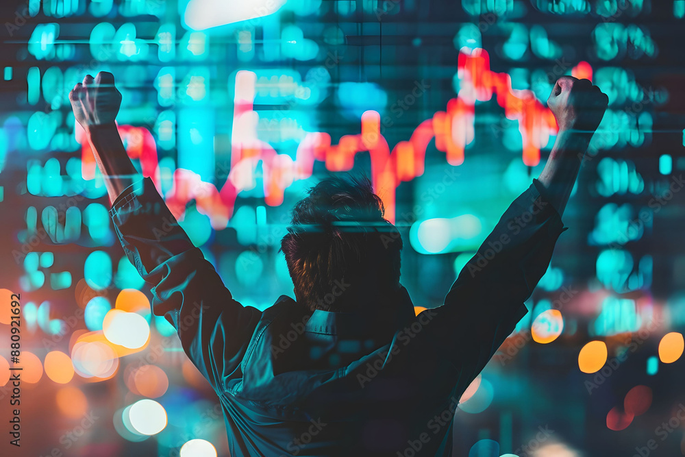 Person celebrating successful stock market trade. Background shows ...