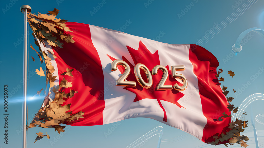 2025 Happy new year text gold 3D on Canada flag background for ...