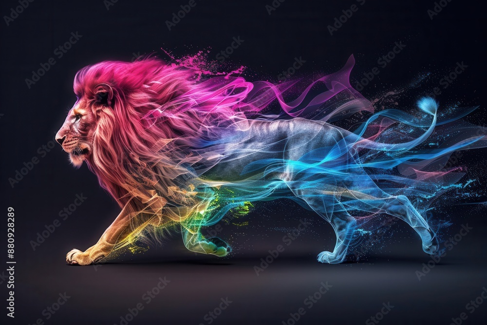 Illustrate a side view of a powerful lion leading a pack using vibrant ...
