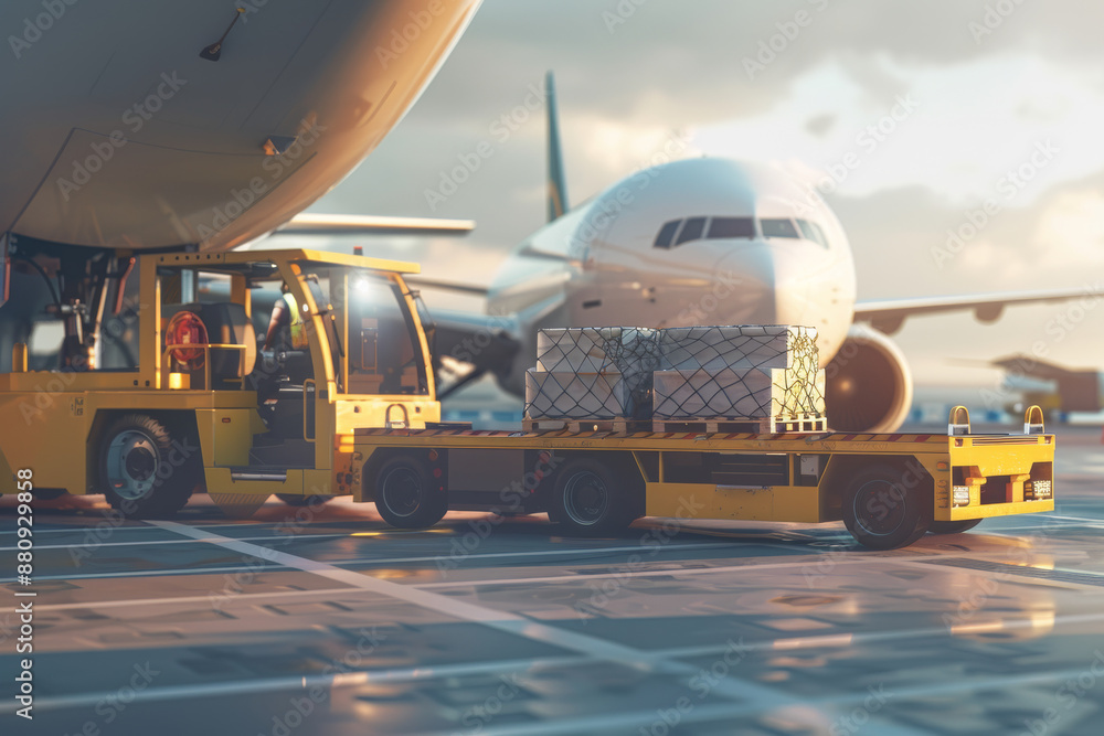 An efficient scene at an airport showing a plane being loaded with ...
