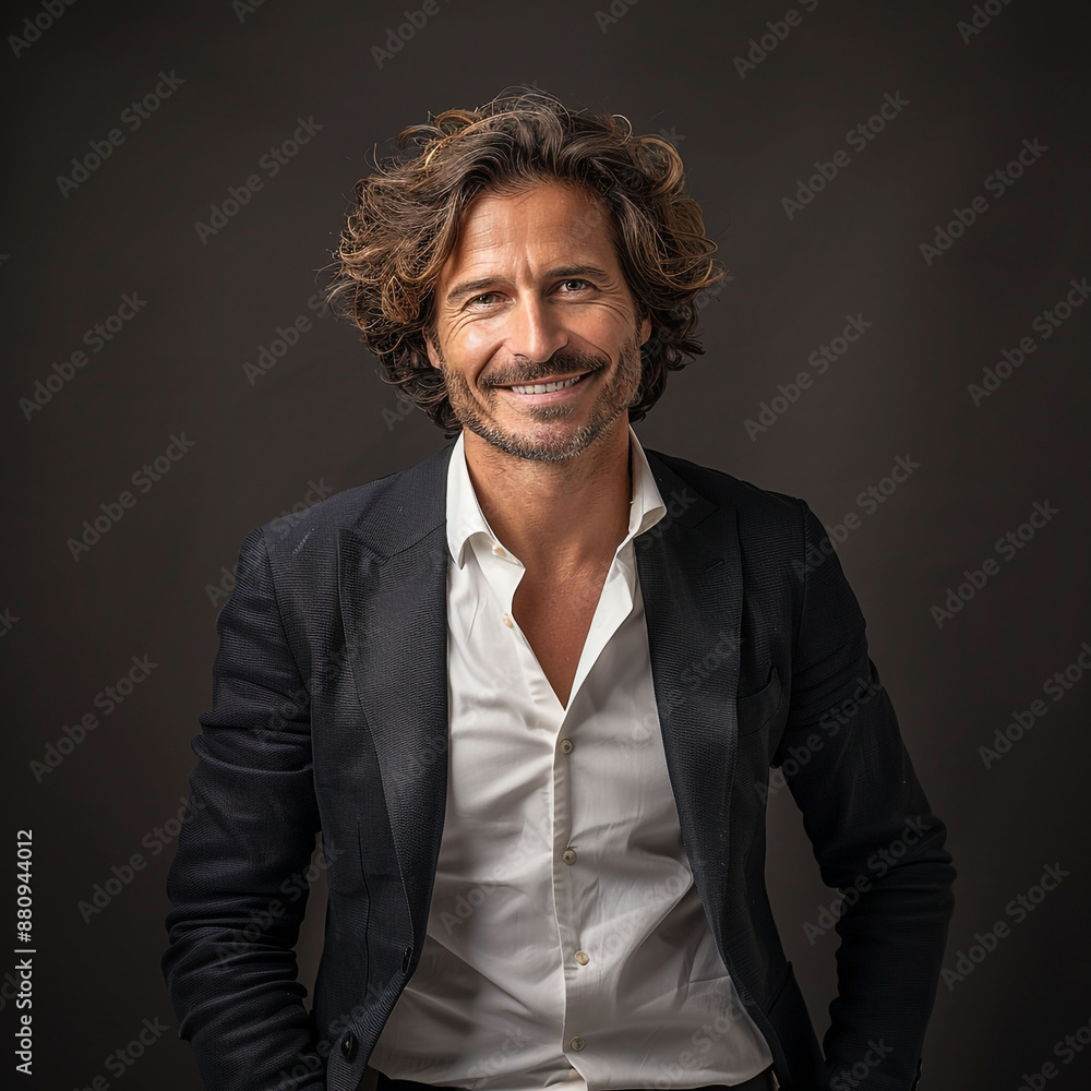 Studio portrait of a man in his late 40s early 50s in a suit with curly ...