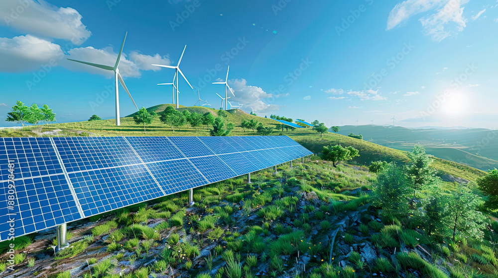 Renewable energy system concept, photovoltaic cells, wind turbines for ...