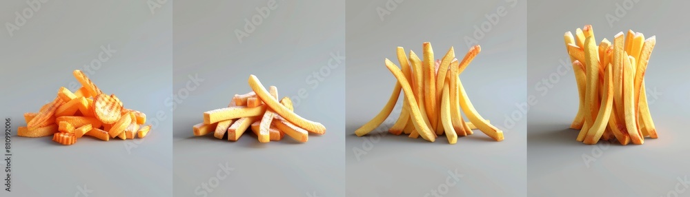 Four Variations of Crispy French Fries, 3D Render, Fast Food, Snacks ...