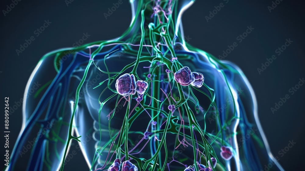 3D illustration of the lymphatic system with nodes and vessels, Human ...
