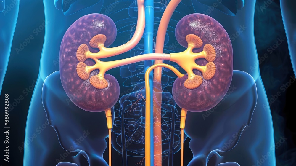 3D-rendered human kidneys with renal arteries and veins, Human Body ...