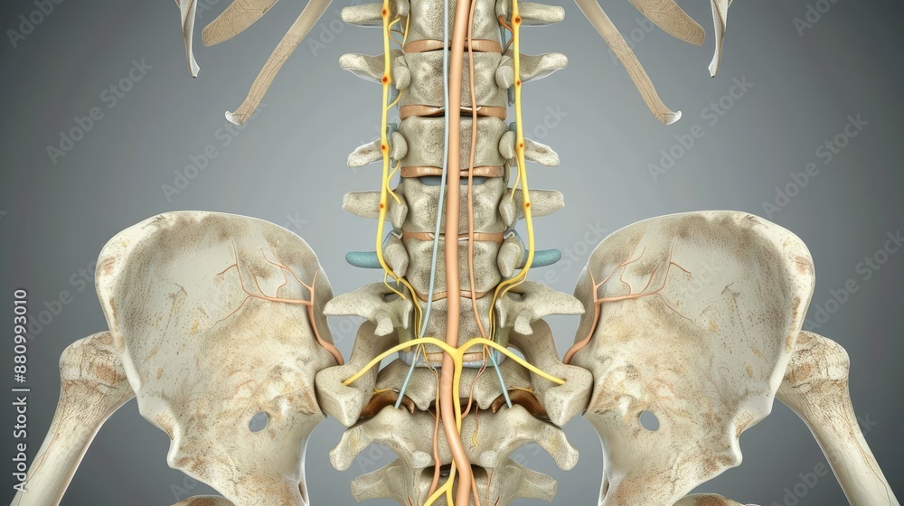 3D-rendered human vertebral column showing spinal cord and nerves ...