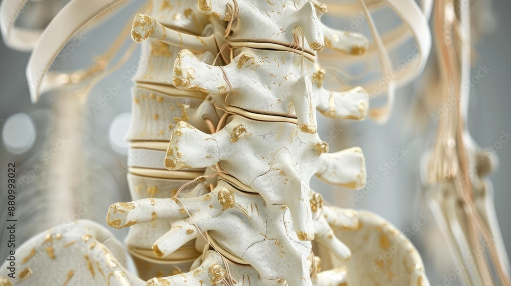 3D-rendered human vertebral column showing spinal cord and nerves ...