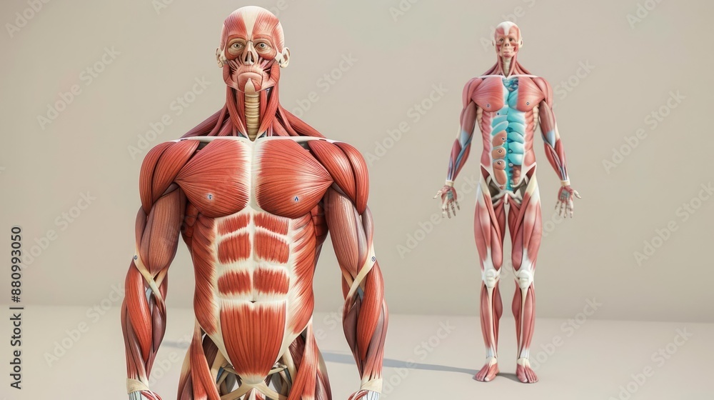 3D-rendered muscular system with labeled muscles, Human Body Anatomy ...