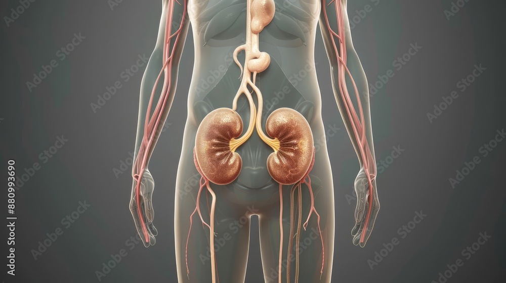 Realistic 3D model of the urinary system showing kidneys and bladder ...