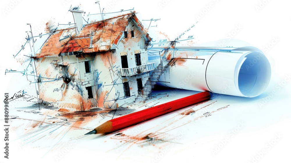 Architectural design concept with house model, blueprints, and pencil ...