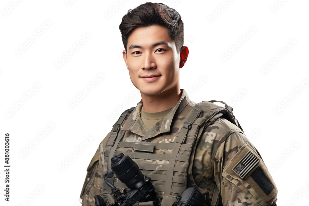 Photo Stock Smiling Asian soldier on transparent background. Smiling ...