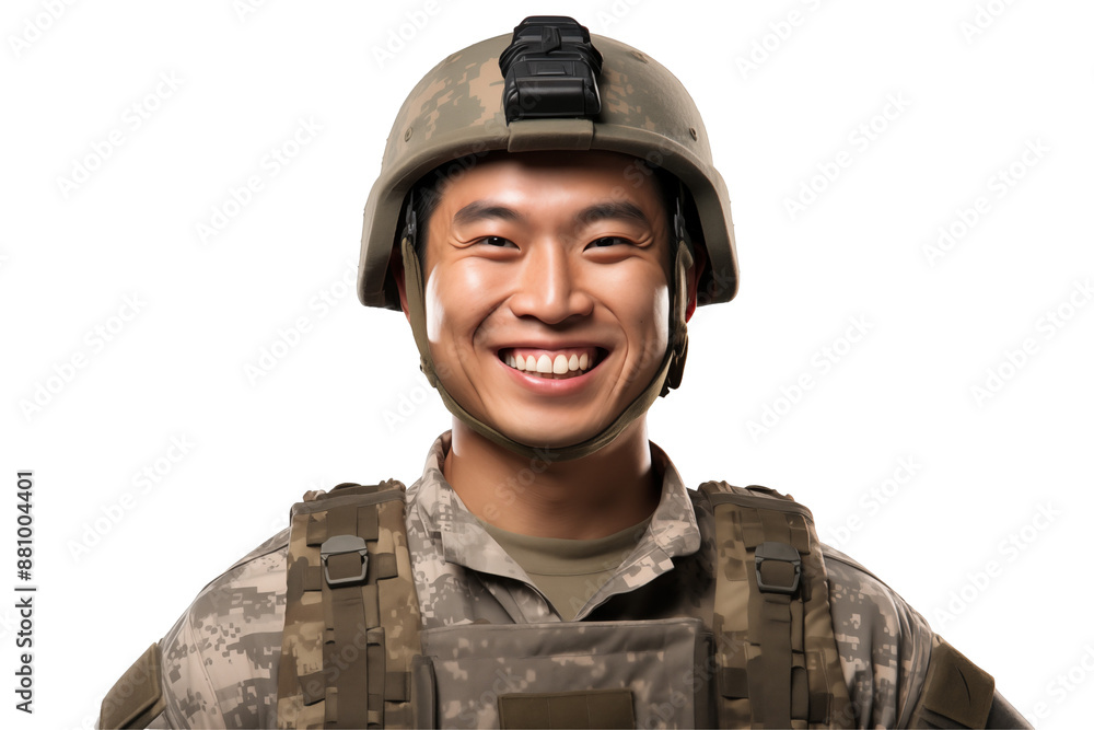 Photo Stock Smiling Asian soldier on transparent background. Smiling ...