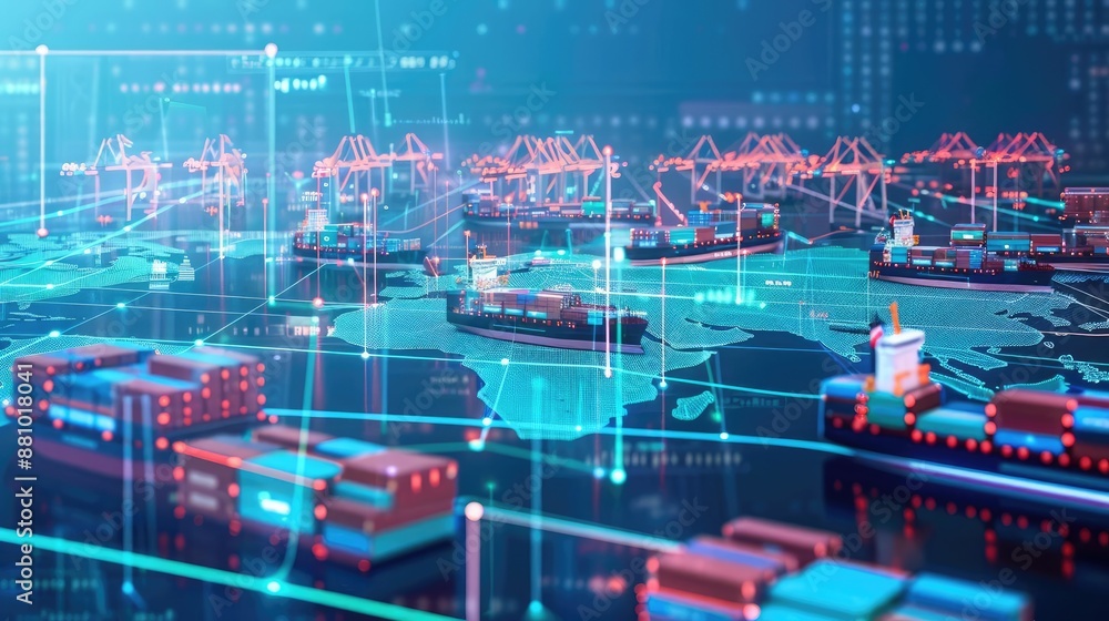 High-tech digital map showing container ships and shipping routes ...