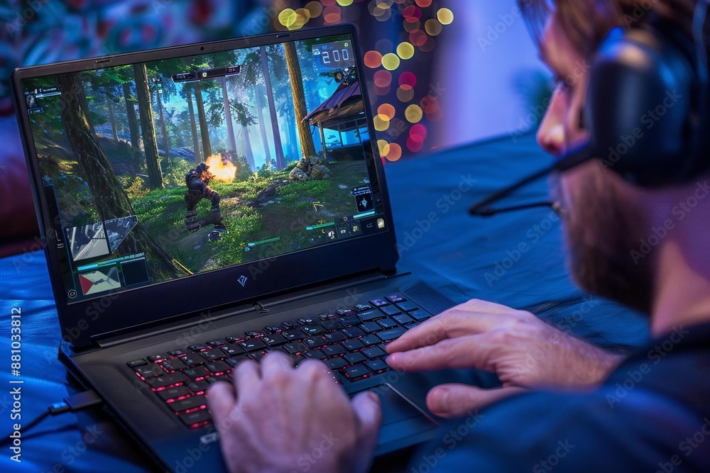 Close-up of a man intensely playing a shooter video game on his laptop ...