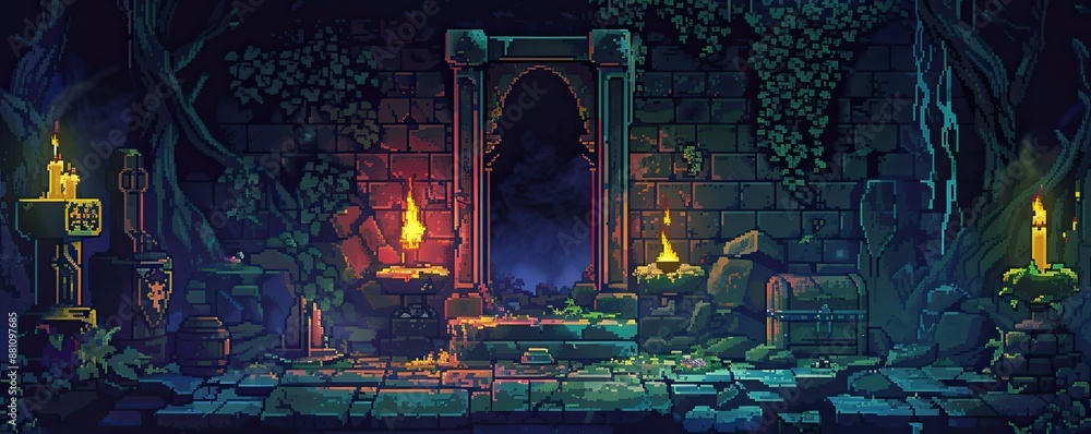 Retro RPG Stone Podium in Dungeon Arcade with Pixel Art Torches and ...