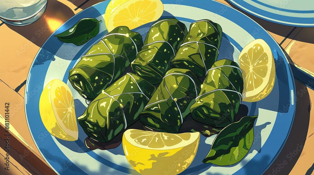 lively plate of anime style stuffed grape leaves with lemon wedges ...
