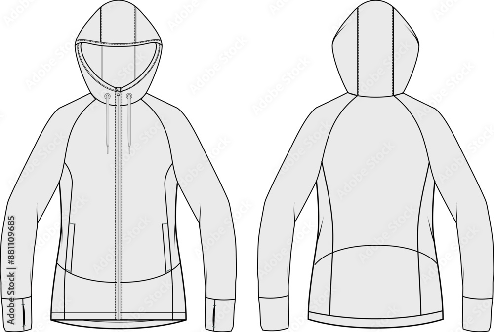 Hooded fleece jacket technical softshell full-zip hoodie CAD fashion illustration front and back ...