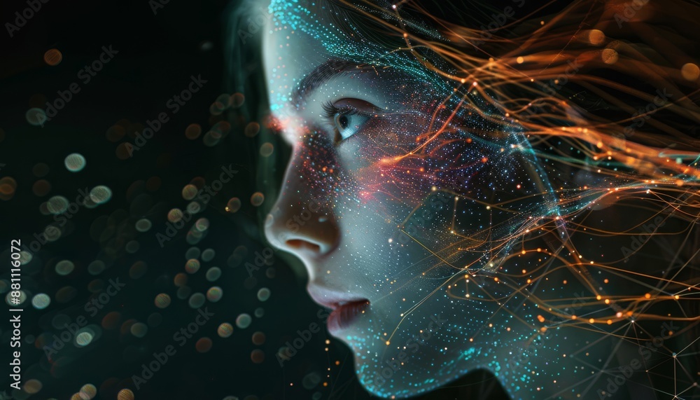 An artistic representation of a woman’s face, merging human features ...