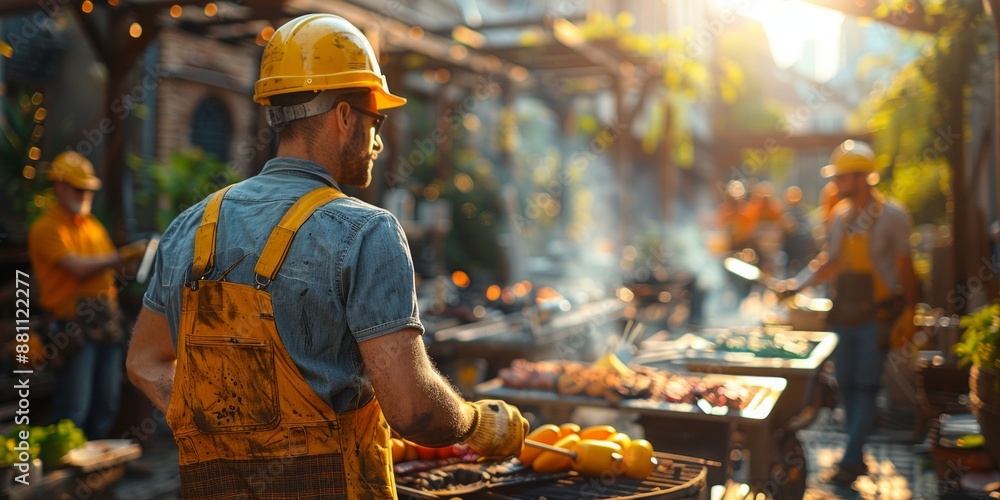 Construction workers celebrating Builder's Day at a job site with a ...