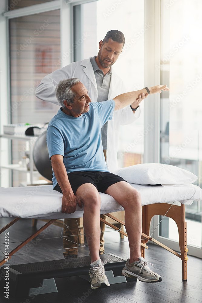 Physio, arm stretching and senior man with rehabilitation, exercise and ...