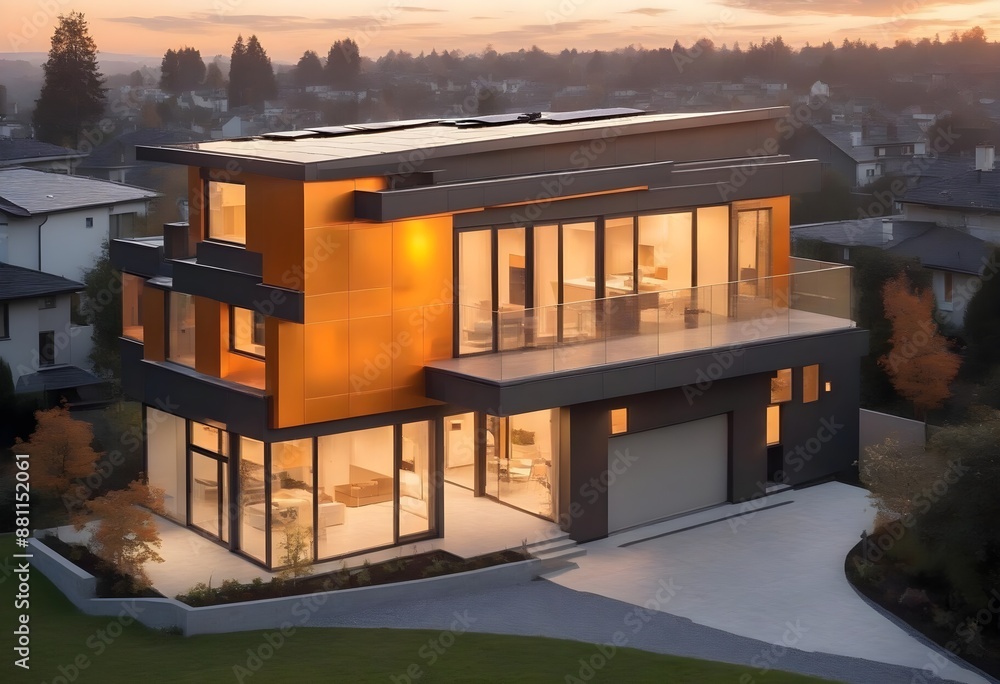 A modern white yellow and large glass windows two-story house with a ...